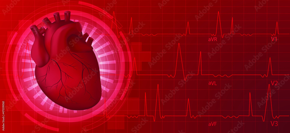 Human heart and heart rate illustration on red background. Cardiology ...
