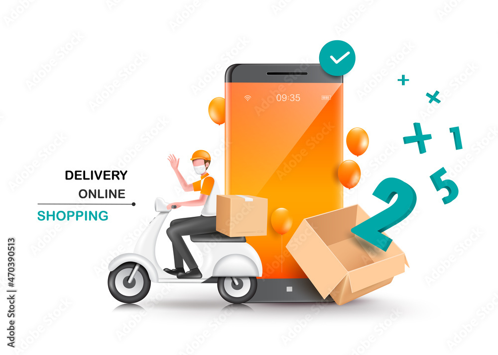 delivery driver waving in front of the smartphone And there was order ...