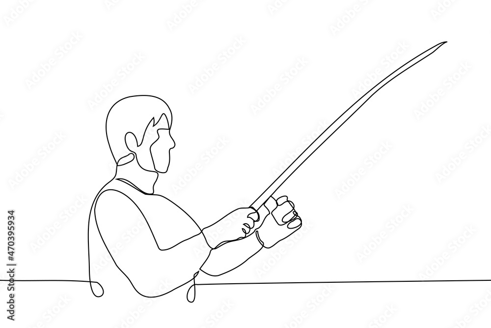 fisherman holding a fishing rod - one line drawing vector. concept of ...