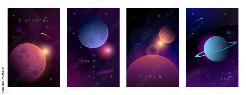 Space posters. Futuristic astronomy backgrounds with galaxy planets and ...