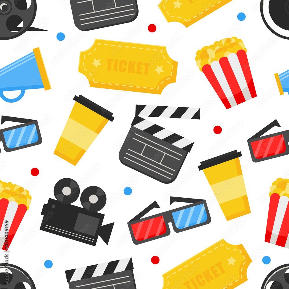 Flat cinema seamless pattern design with film reel, clapper, popcorn ...