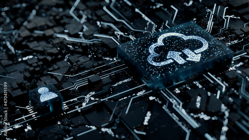 Data Storage Technology Concept With Cloud Symbol On A Microchip White