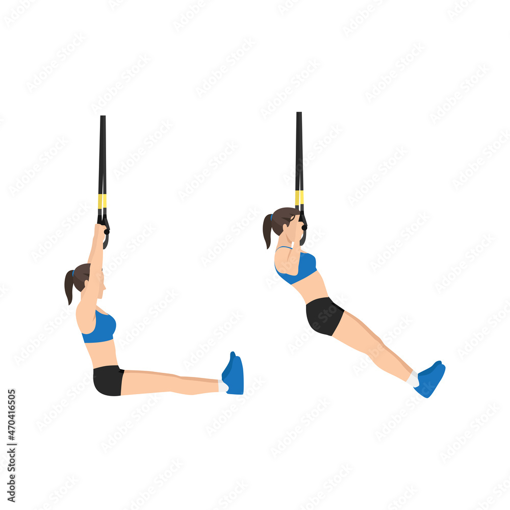 Woman doing TRX pull ups exercise. Flat vector illustration isolated on ...