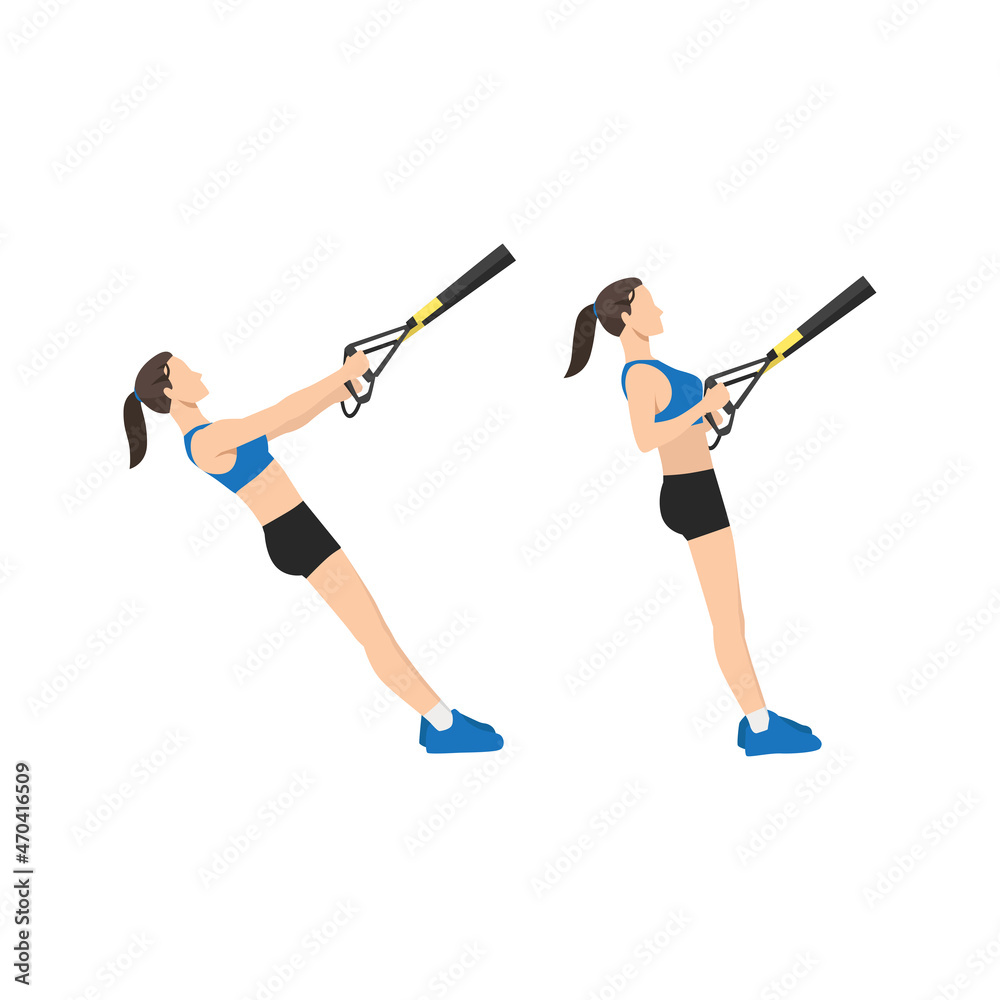 Woman doing TRX Suspension strap rows exercise. Flat vector ...
