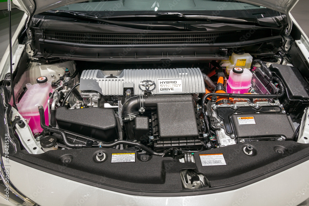 Geneva, Switzerland, March 06, 2018: The Toyota Prius with open hood ...