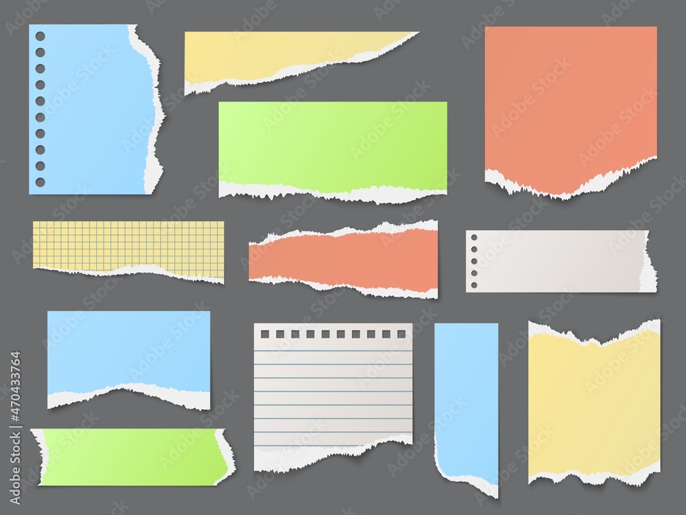 Color ripped paper strips. Realistic torn pieces of notepad pages ...