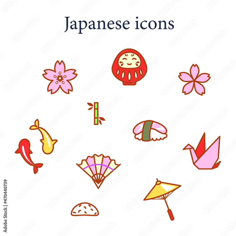 Japanese traditional symbol vector icons colored with outlines. Stock ...