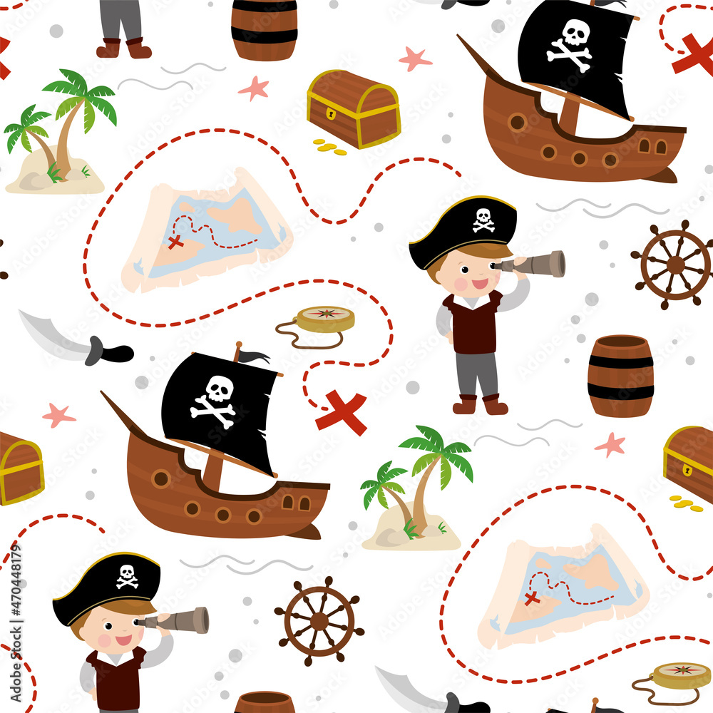 Seamless pattern with cute kid boy pirate. Cartoon child uses spyglass ...