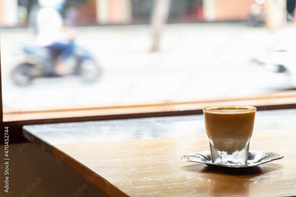 Specialty coffee menu; Dirty coffee is ristretto pouring from coffee ...