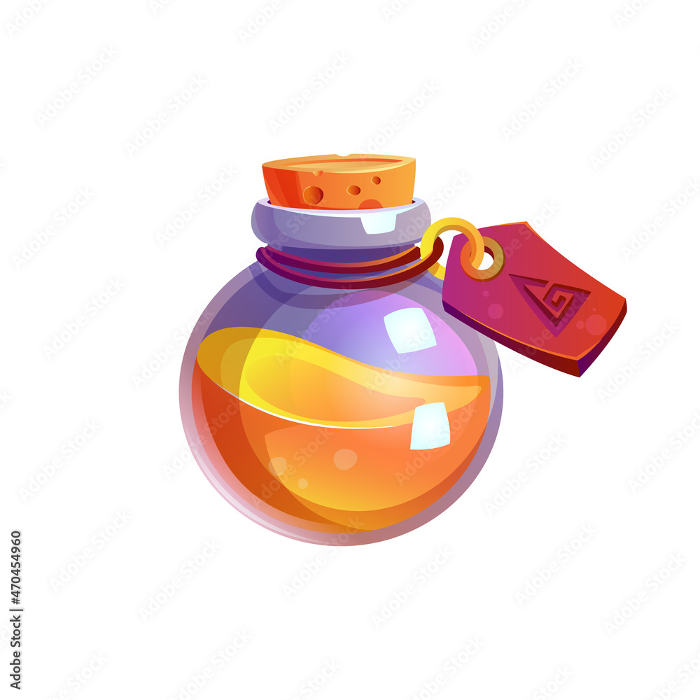 Elixir of death isolated round glass bottle with wooden cork and label ...