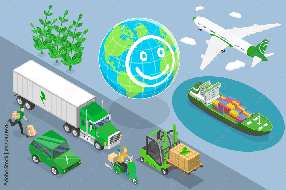 3D Isometric Flat Vector Conceptual Illustration of Green Logistics, Eco-Friendly and ...