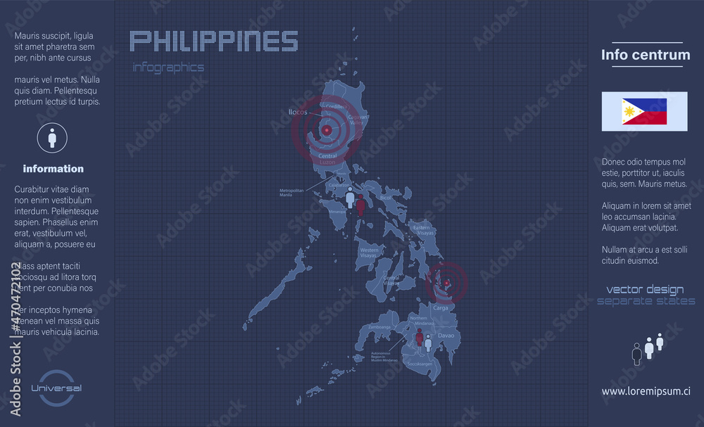Philippines map, separate regions with names, infographics blue flat ...