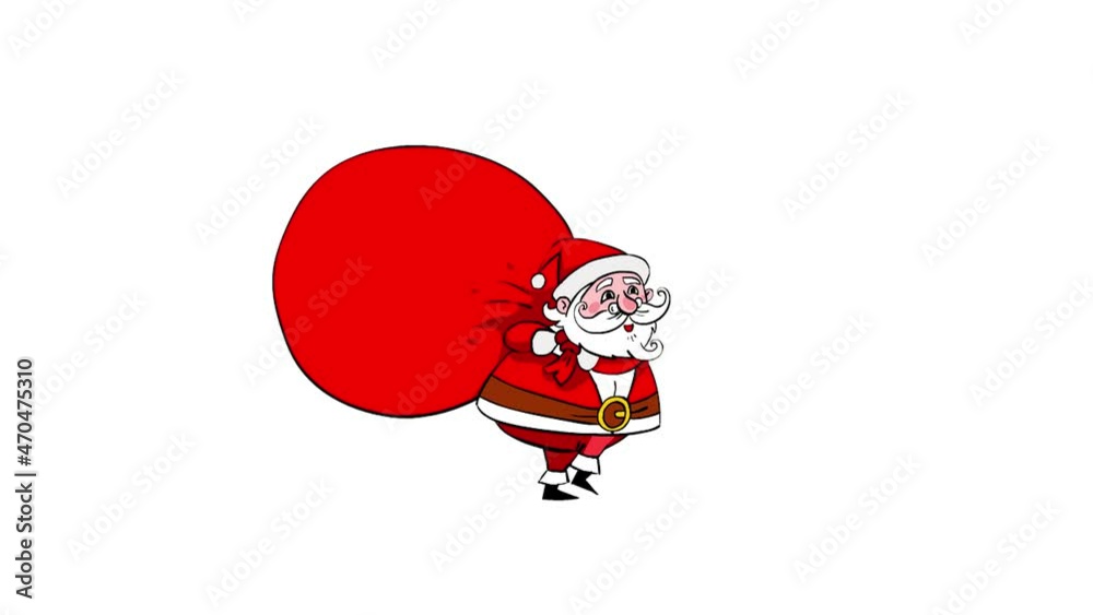 Santa Claus is carrying a big red sack. Gifts for the holiday. Red suit ...