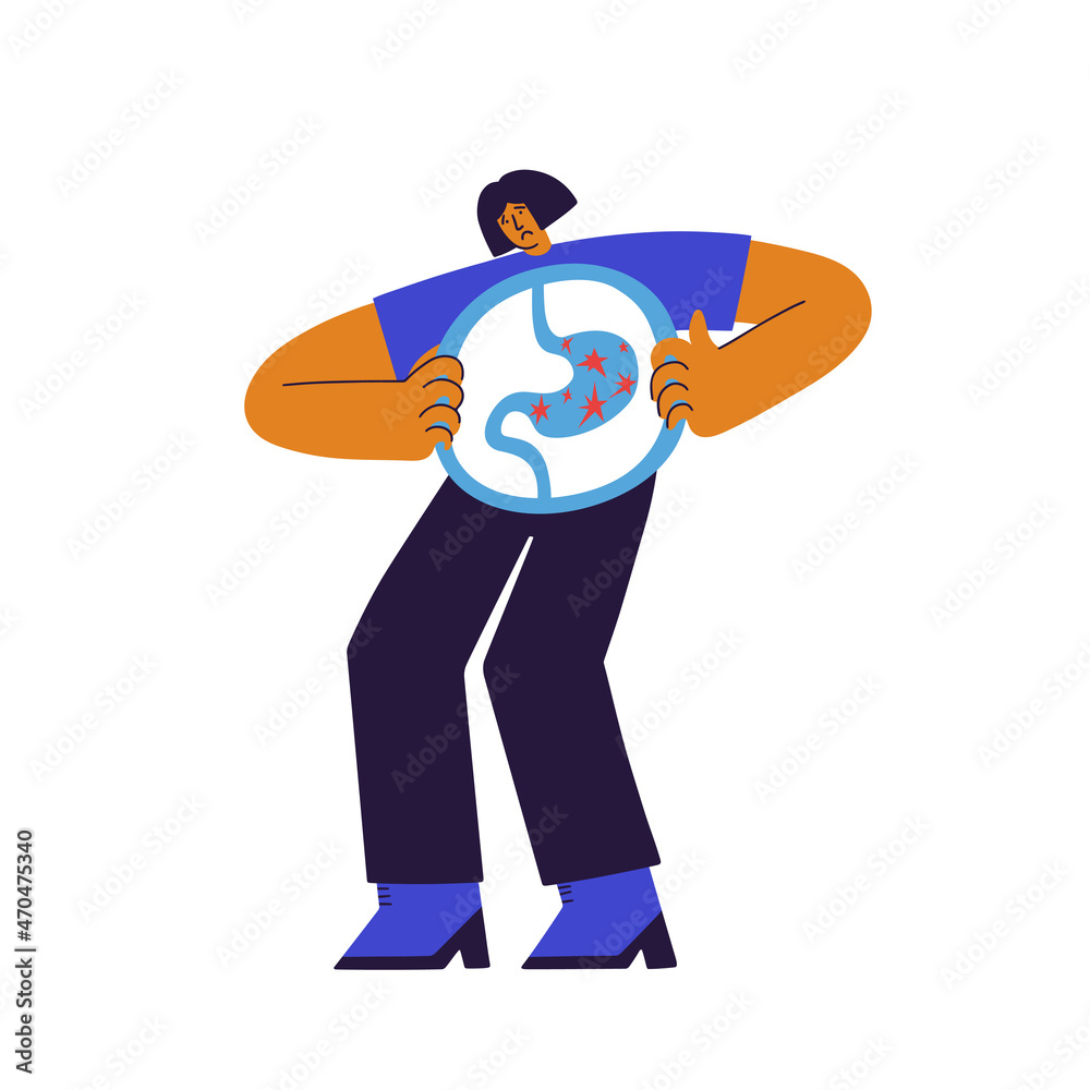 Sick woman looking at her painful stomach through x-ray. Causes of ...