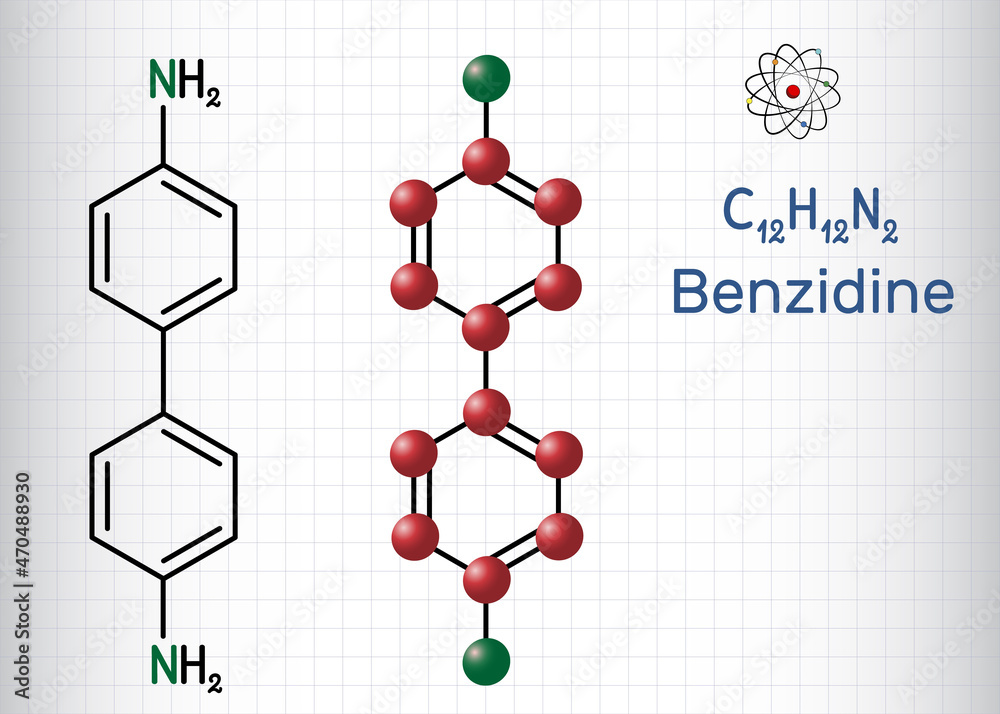 Benzidine molecule. It is aromatic amine, used for the detection of ...