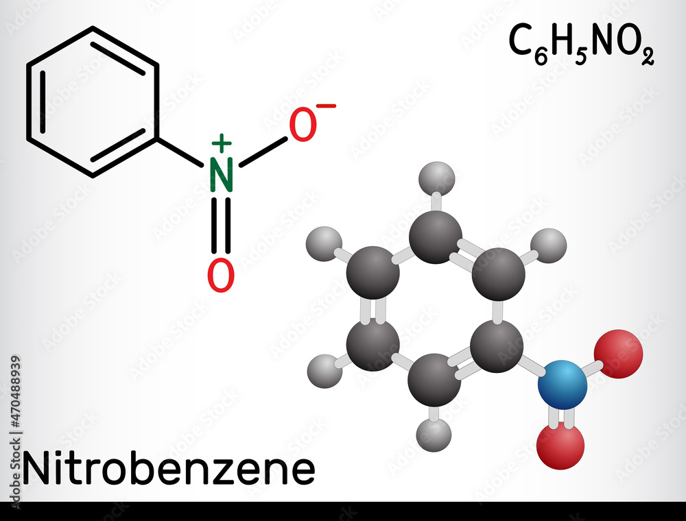 Nitrobenzene molecule. It is used in the manufacture of aniline, dyes ...