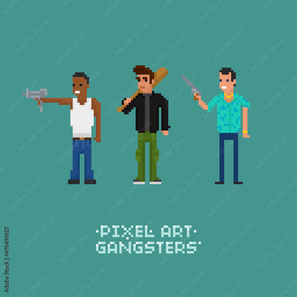 Vector pixel art gangster criminal character set. Man pointing UZI ...