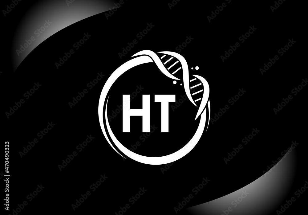 Black letter HT monogram alphabet in a circle with DNA. Genetics logo ...