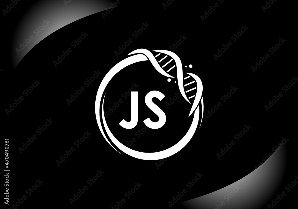 Black letter JS monogram alphabet in a circle with DNA. Genetics logo ...