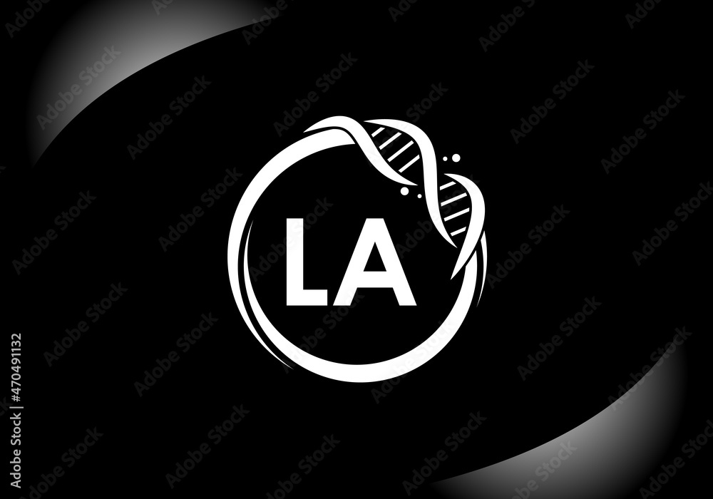 Black letter LA monogram alphabet in a circle with DNA. Genetics logo ...