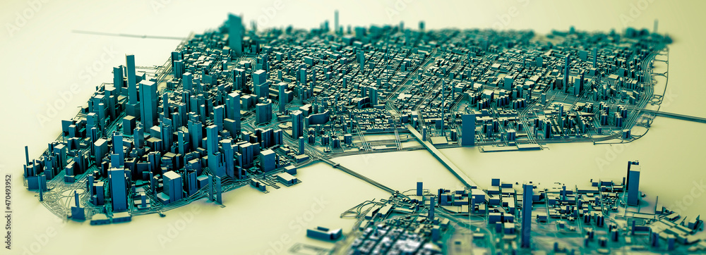 Aerial view of New York map, buildings and streets of Manhattan and ...