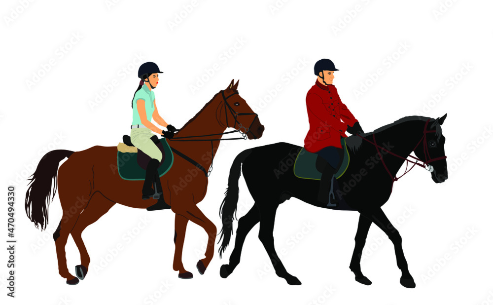 Jockey couple woman and man riding elegant racing horse vector ...