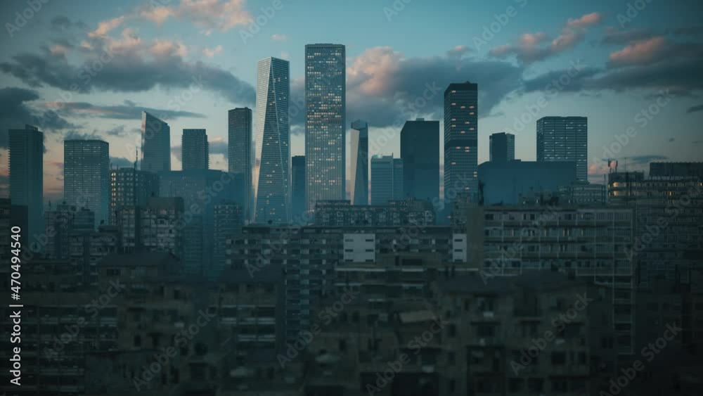 Slums on the background of a big city. Slum houses in front of modern ...