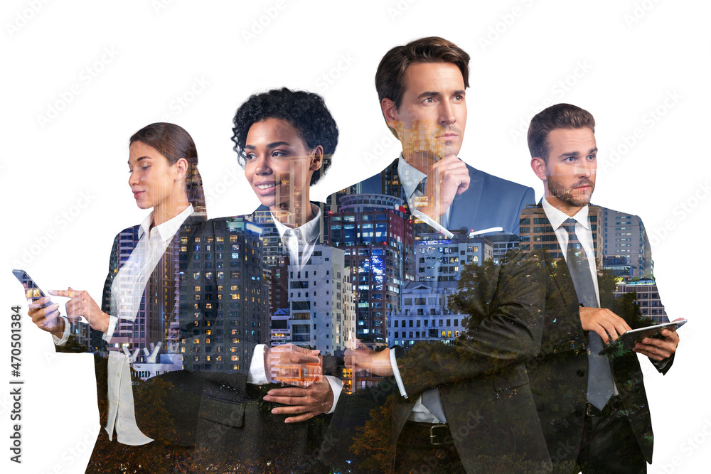 Group of four business people in suits using phones, pensively thinking ...