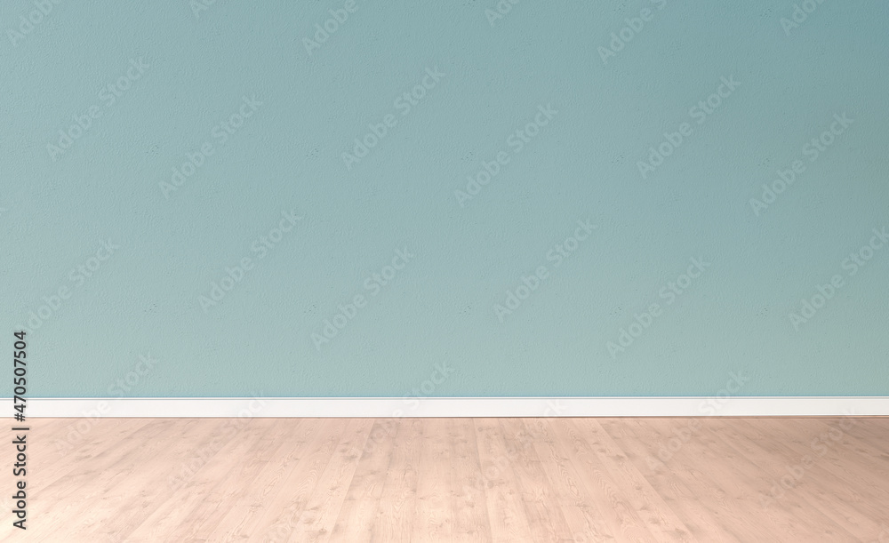 Light blue textured wall and wooden floor in empty room for displaying ...