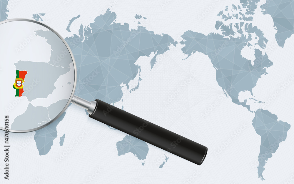 Asia centered world map with magnified glass on Portugal. Focus on map ...