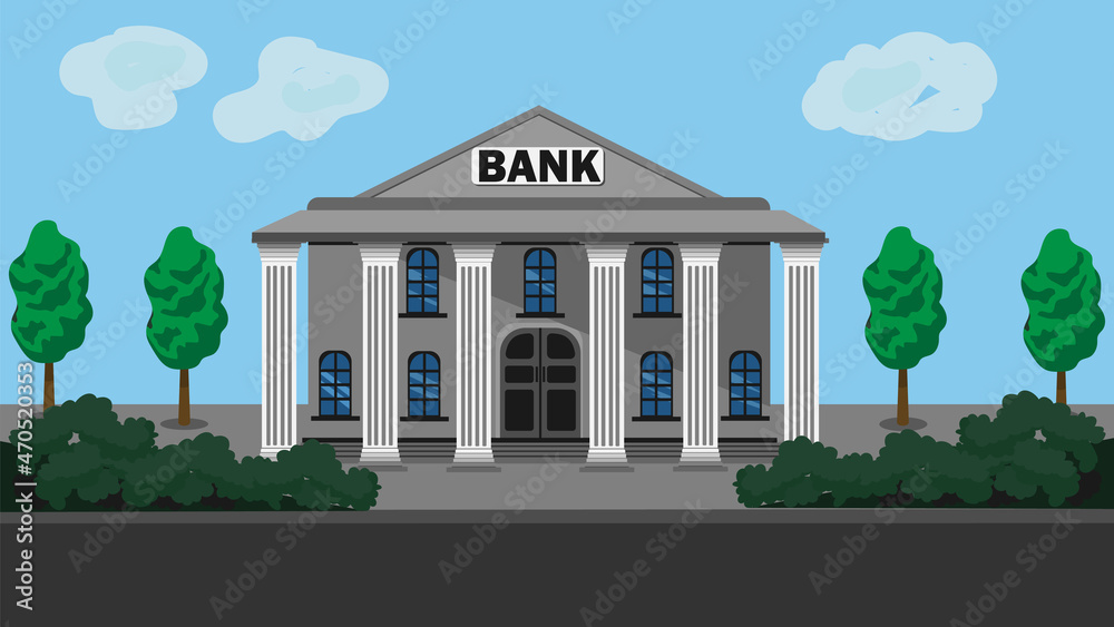 The bank building is outside. Vector illustration of a view of the bank ...