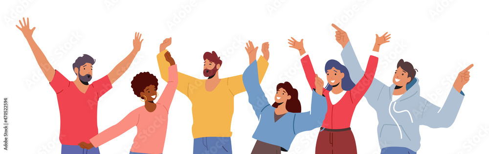 Crowd of Happy People Raising and Waving Hands Celebrate Success, Young ...
