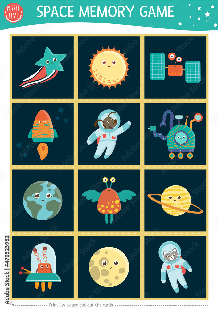 Space memory game cards with planets, alien, rocket. Matching astronomy ...