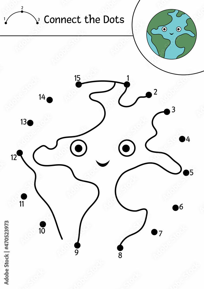 Vector space dot-to-dot and color activity with cute planet Earth ...