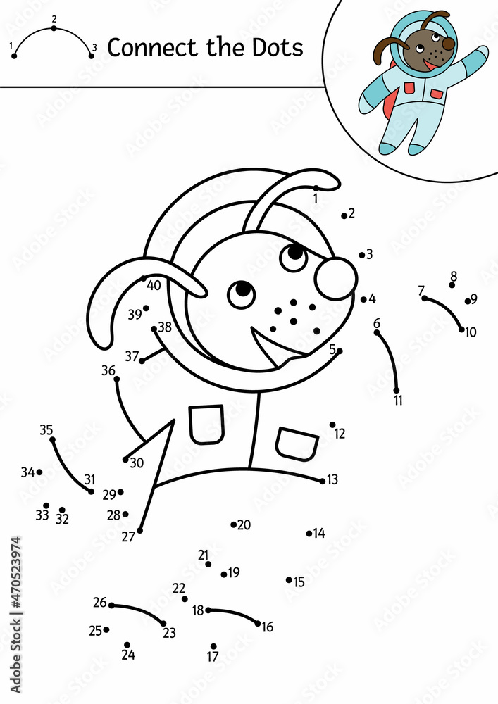 Vector space dot-to-dot and color activity with cute astronaut dog ...