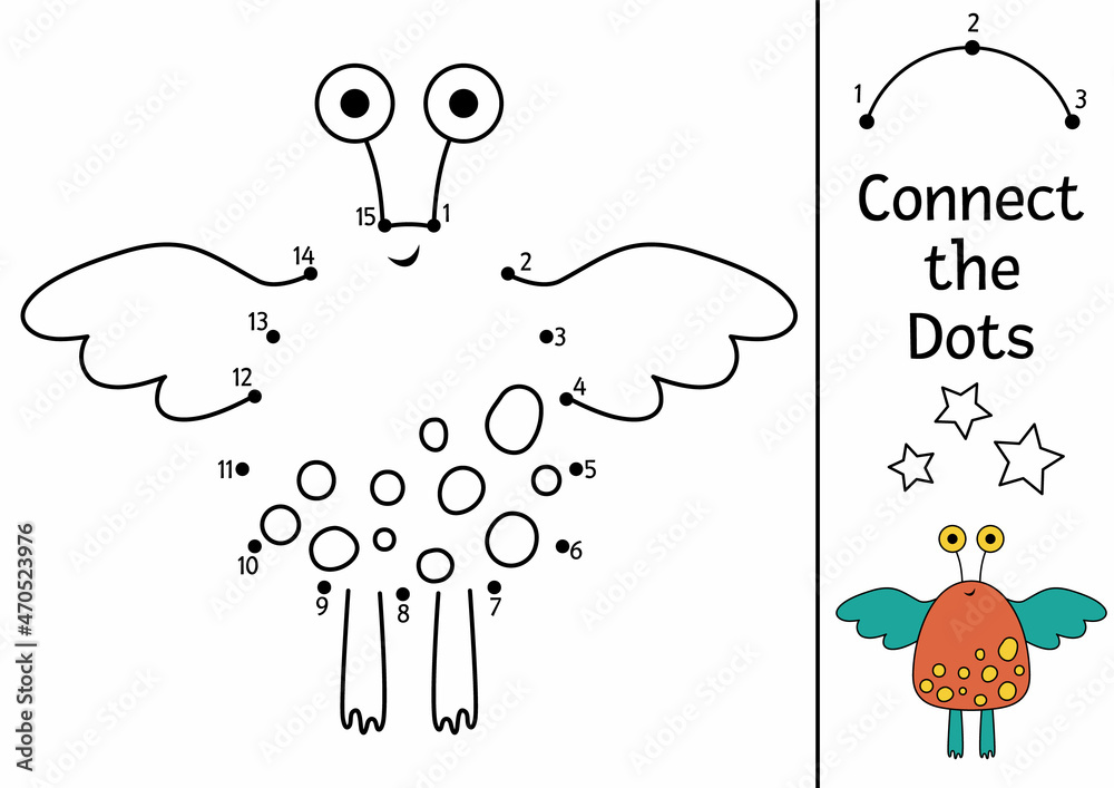 Vector space dot-to-dot and color activity with cute alien. Astronomy ...