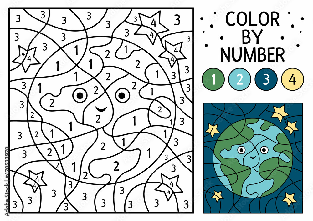 Vector space color by number activity with Earth planet. Astronomy ...