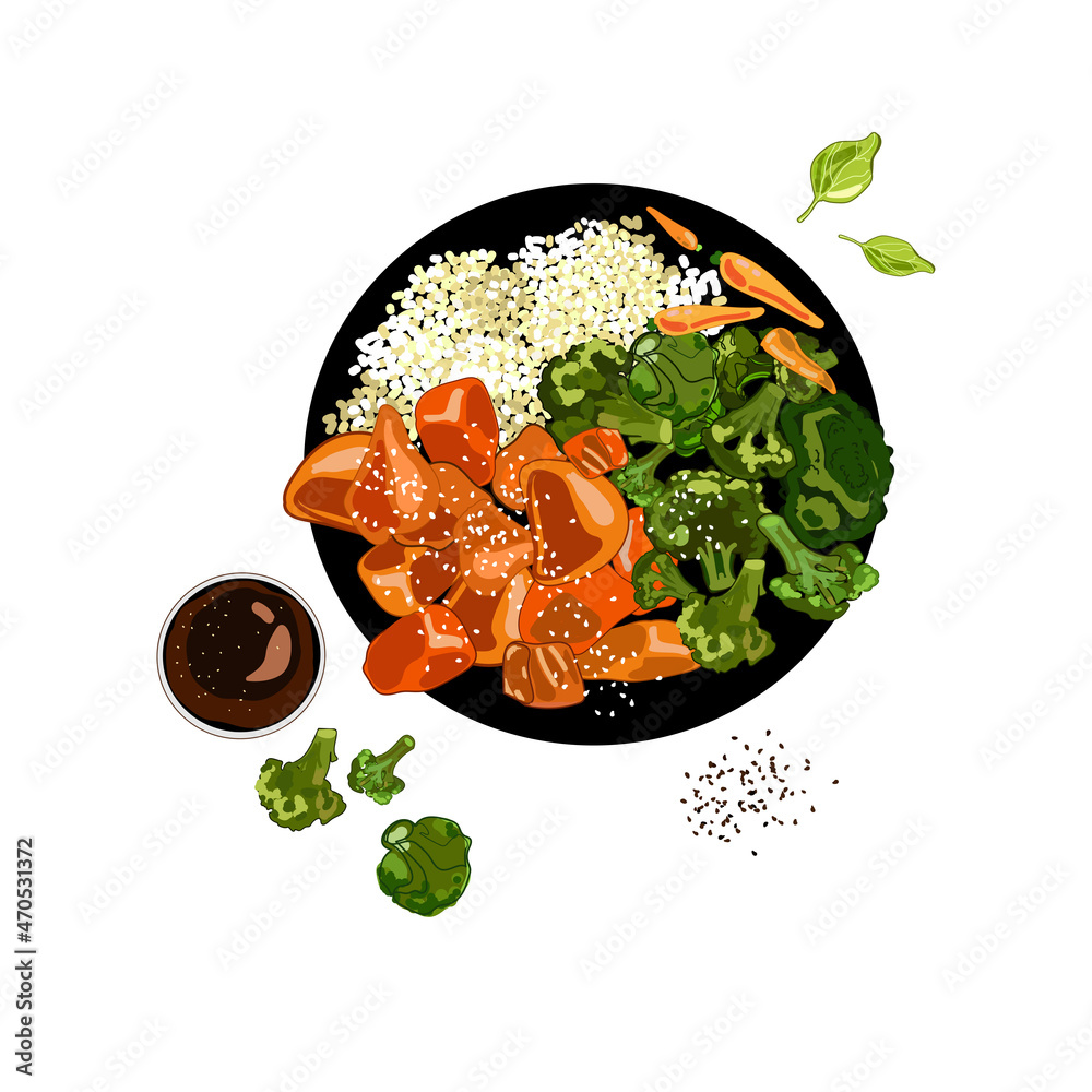 Pieces of chicken fillet with rice bowl and broccoli, young carrots in ...