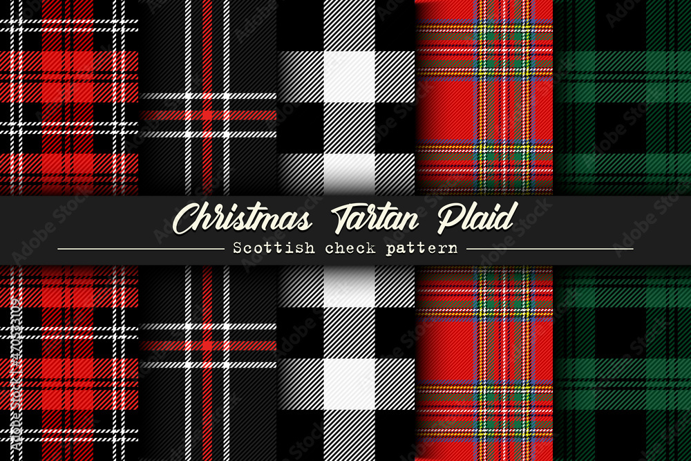 Set Christmas tartan plaid. Scottish pattern in red, black and green ...