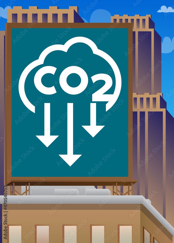 CO2 emission sign, Carbon dioxide icon on a billboard atop a building ...
