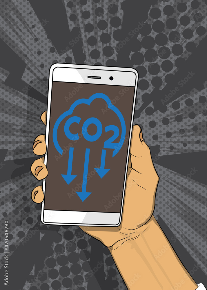 CO2 emission sign, Carbon dioxide icon on Smartphone screen. Cartoon ...