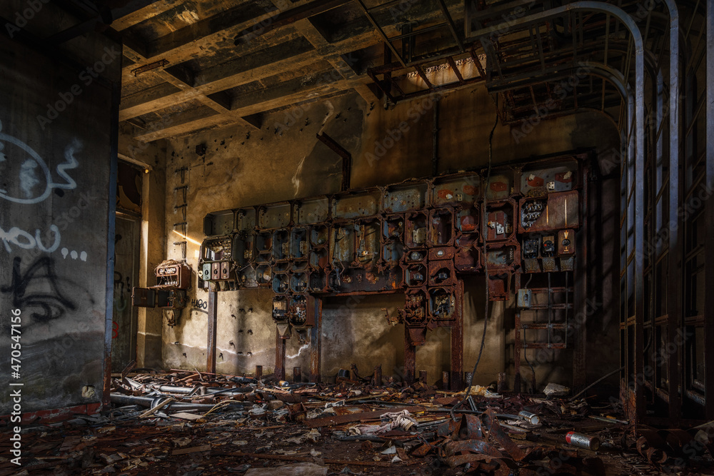 abandoned empty electrical control room of a steel factory, Luxembourg ...