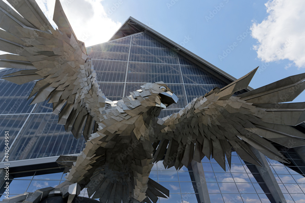 Atlanta, GA, USA - April 20, 2021: A large falcon statue near the ...