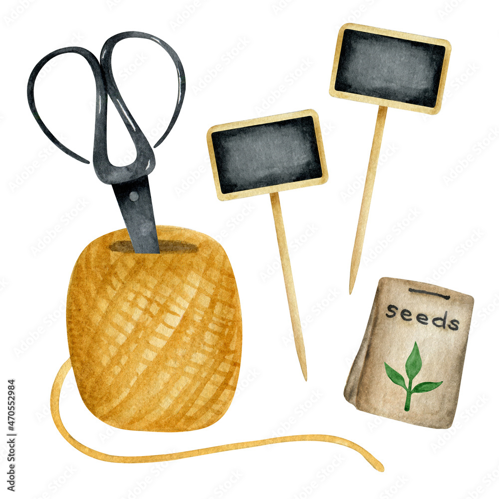 Watercolor gardening tools elements clipart set. Garden twine, seeds ...