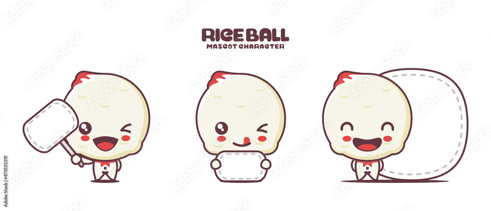 rice ball mascot cartoon, with blank board banner, traditional Japanese ...