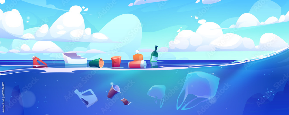 Plastic garbage floating on ocean water surface. Sea with different ...