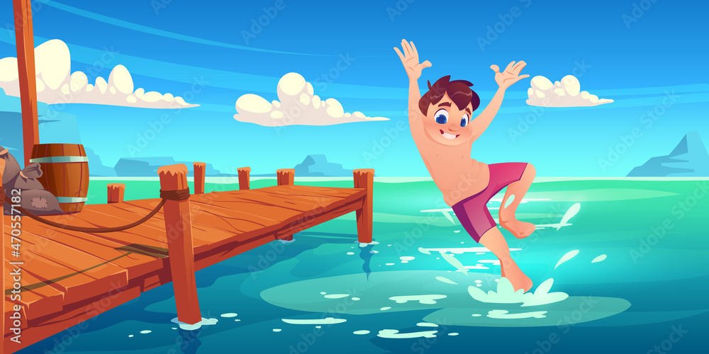 Stockvector Happy boy jump into water from wooden pier. Summer vacation ...