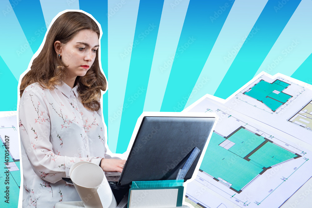 Architect student with laptop. Architectural drawings next to a student ...