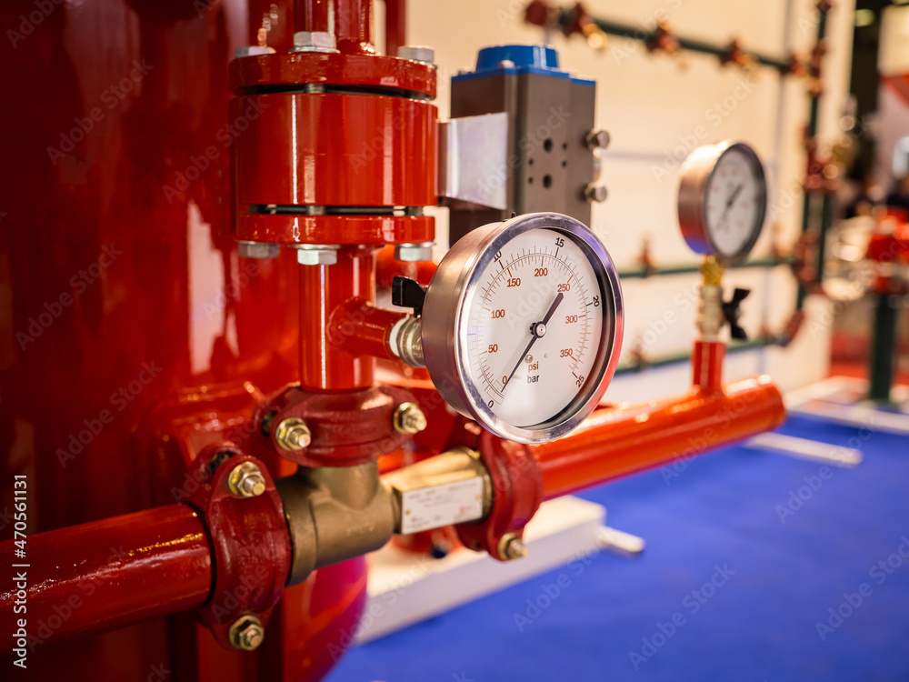 Modern fire protection system. Fire protection system in red. Flame ...