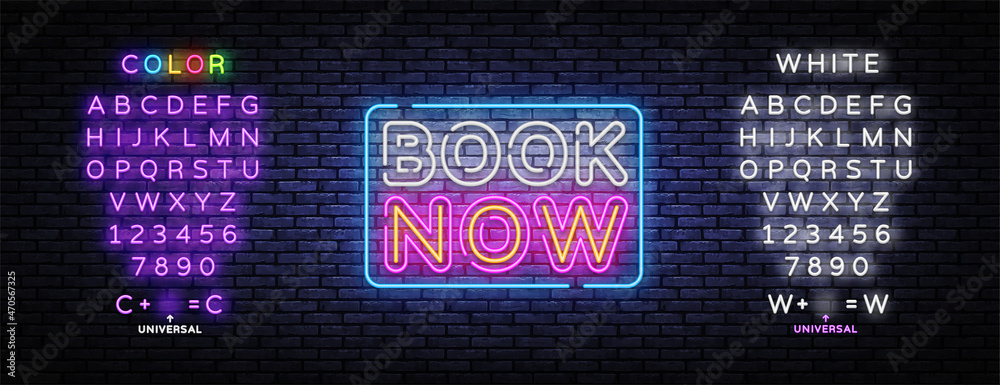 Book now neon for concept design. Blue book now neon sign. Vector ...